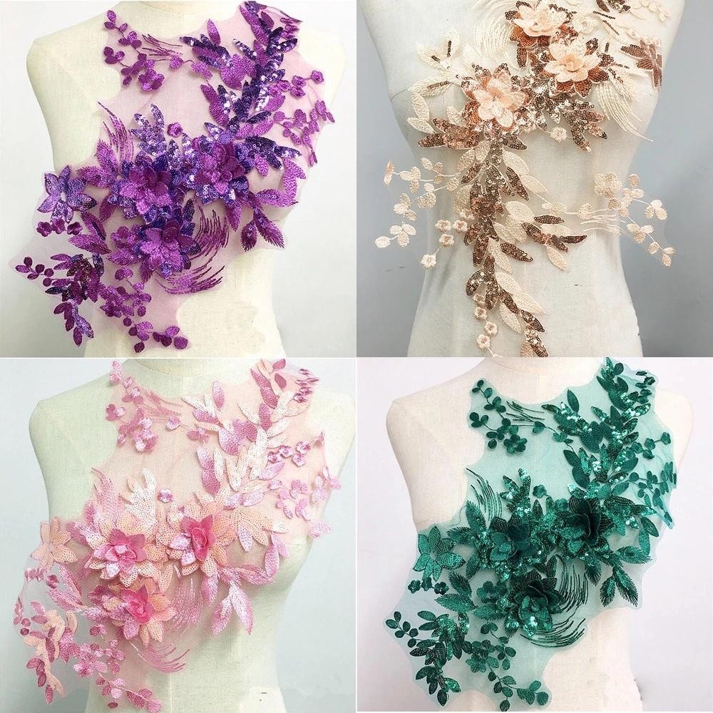 1Pc 3D Flower Sequin Embroidery Fabric Lace Applique Sew On Patches ...