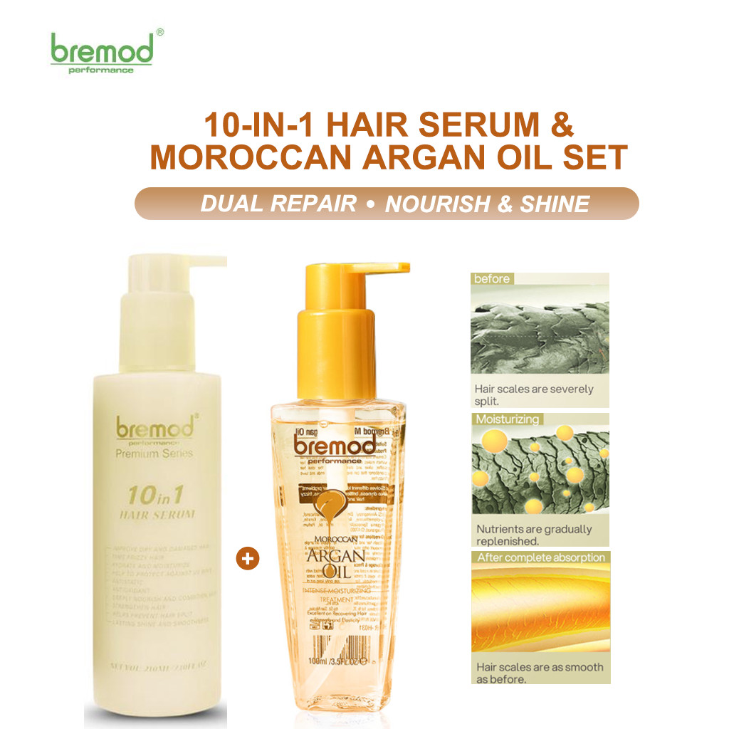 Bremod Premium 10 in 1 Hair Serum & Moroccan Argan Oil Dual Repair ...