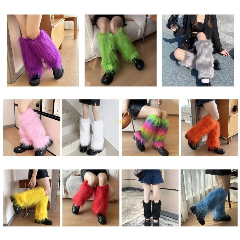 flgo Harajuku Punk Fuzzy Leg Warmers for Women Soft Thickened Plush ...