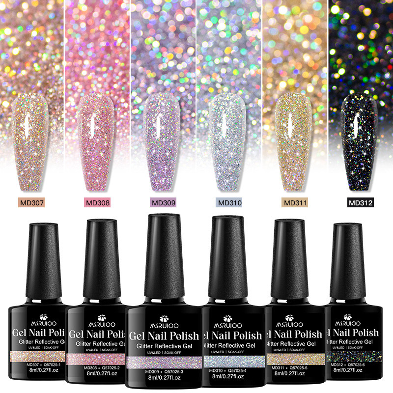 MSRUIOO 8ML Glitter Reflective Gel Flash Effect Nail Polish Gel Semi ...