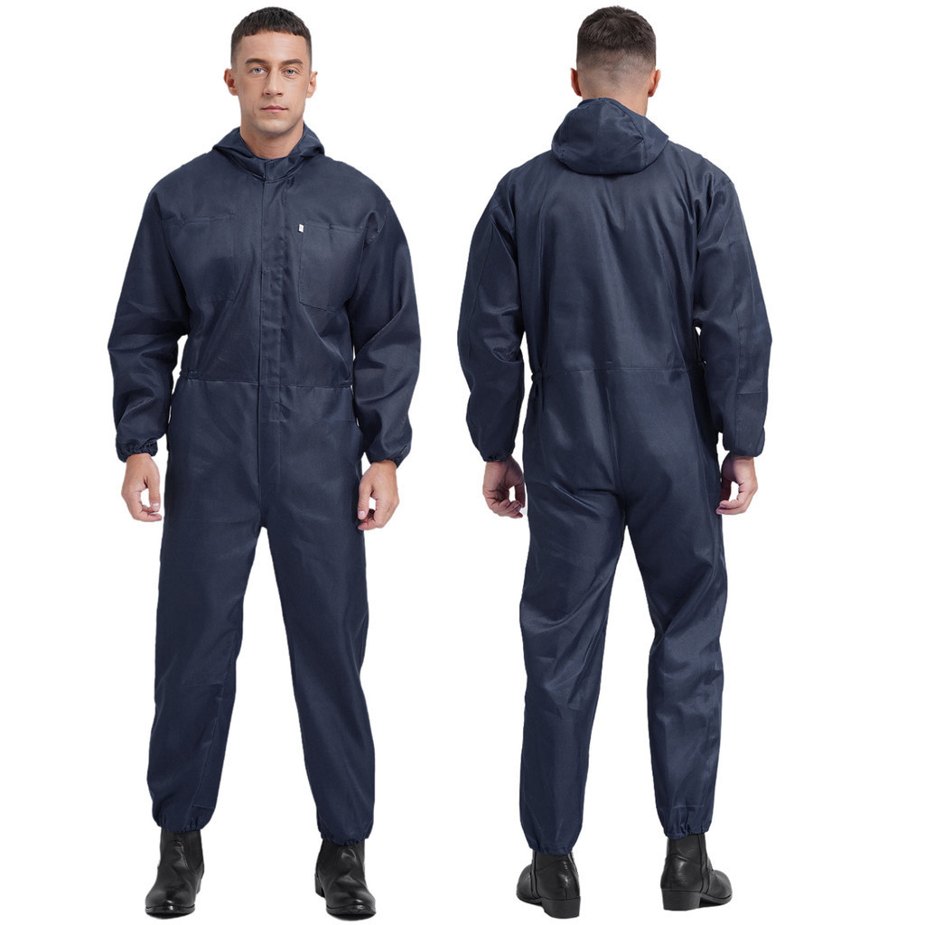 Men Dust-proof Hooded Coverall Workshop Uniform Long Sleeve Zipper Big ...