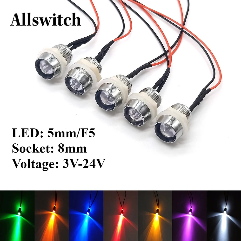 5Pcs 5mm LED with Wire Socket Pre-Wired LEDs Bulb 5V 12V 24V Emitting ...