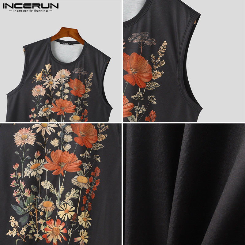INCERUN Men Vintage Casual Floral Print Round Neck Loose Sleeveless ...