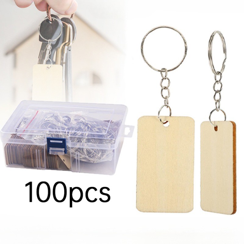 100pcs Wooden Keychain 50*30mm Rectangle Blank Wood Tag Key Chains DIY ...