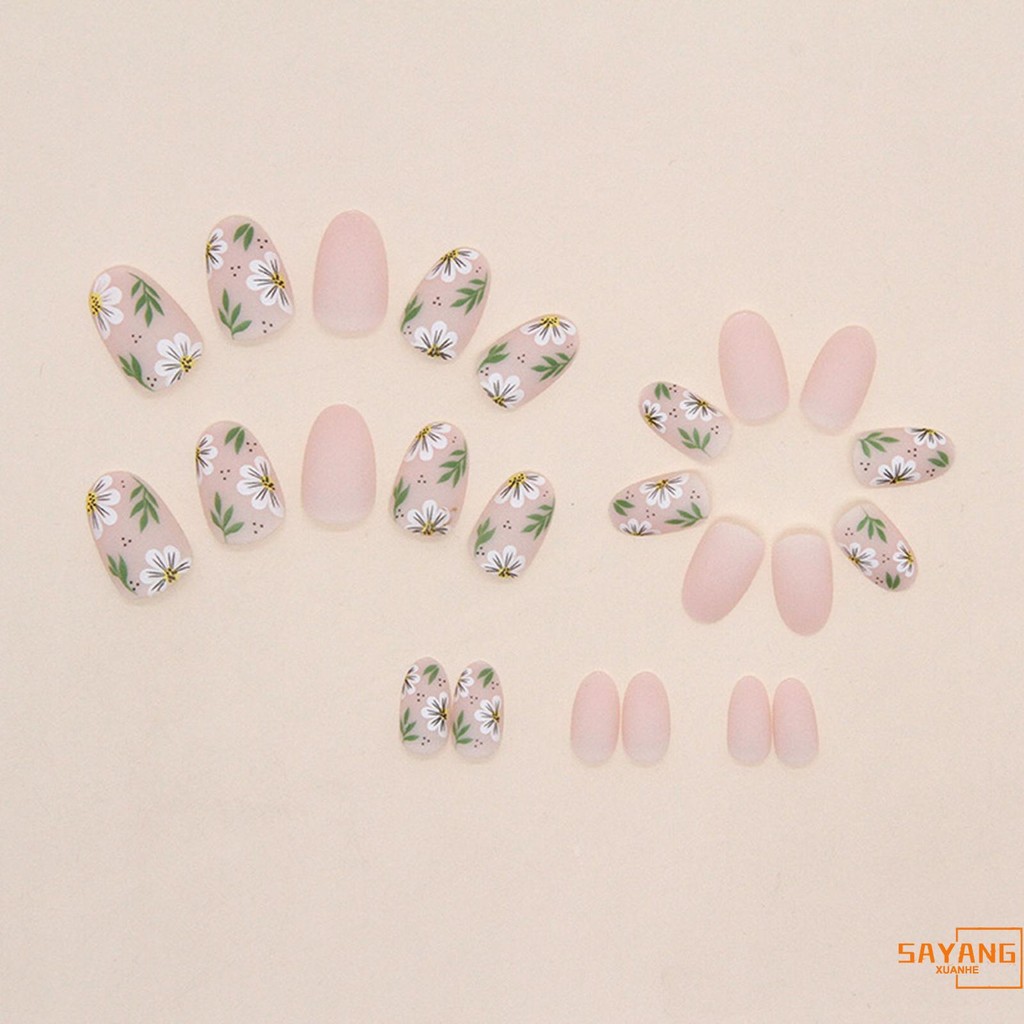 Matte Pink Fake Nails with Flower Printed Sweet & Charming Reusable ...