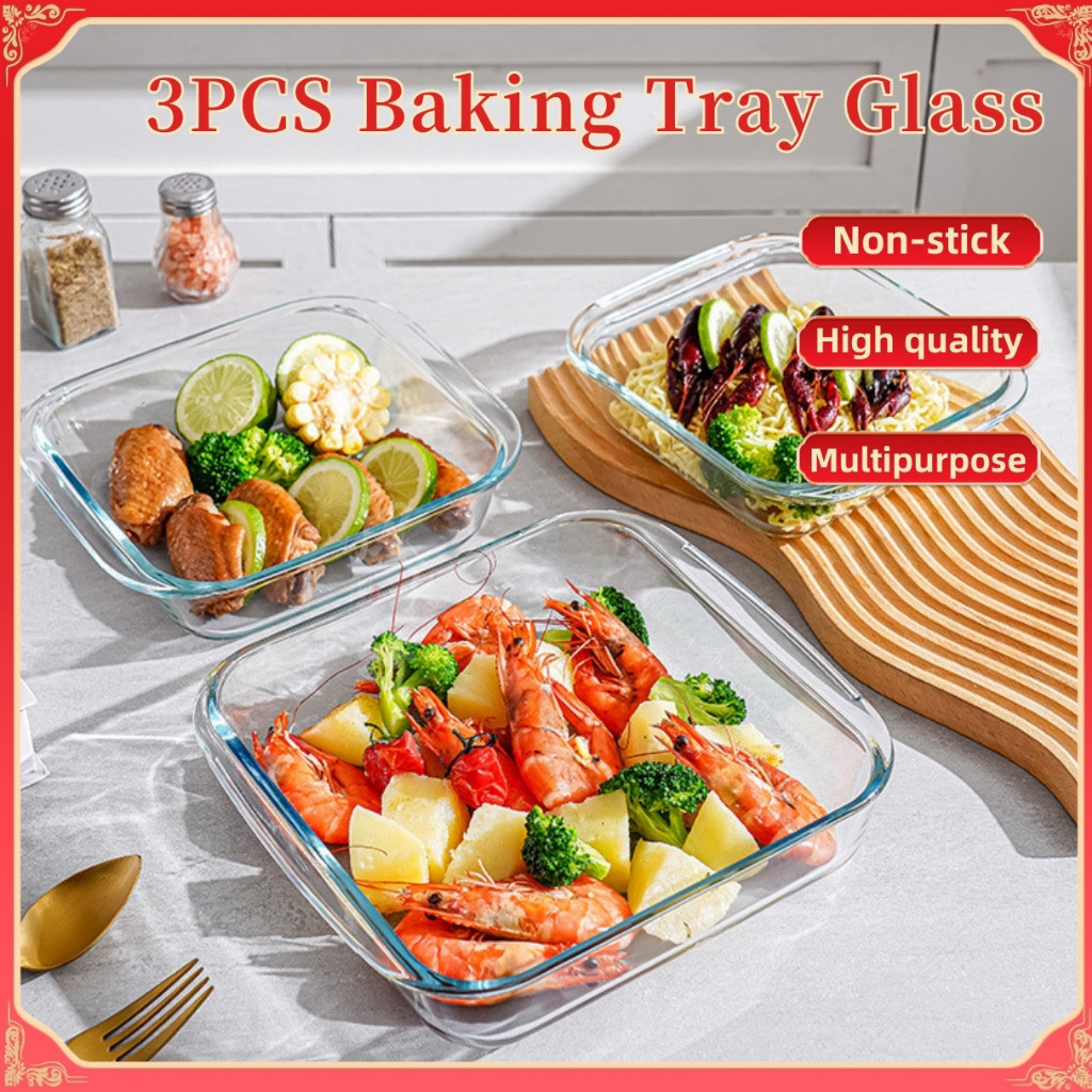 3PCS Glass Baking Tray Oven Bakenware Microwave Safe Rect Glass Baking ...