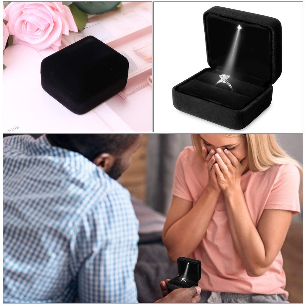 Velvet Ring Box LED Light Jewelry Gift Box Engagement And Wedding Ring Box Holder Case Organizer ...