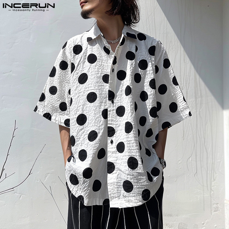 INCERUN men's polka dot wrinkled texture short sleeved loose casual shirt | Shopee Philippines