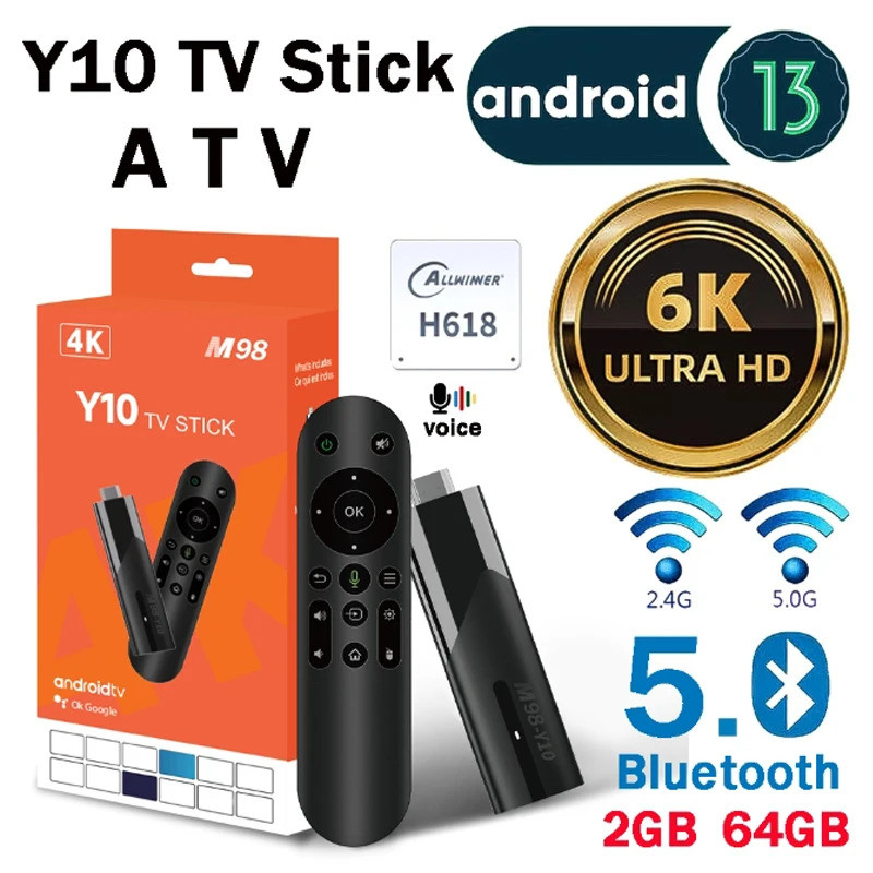 Y10 ATV Mini TV Stick Android 13 Allwinner H618 Quad Core 6K HDR10 3D 2.4G and 5.8G WIFI BT 5.0 ...