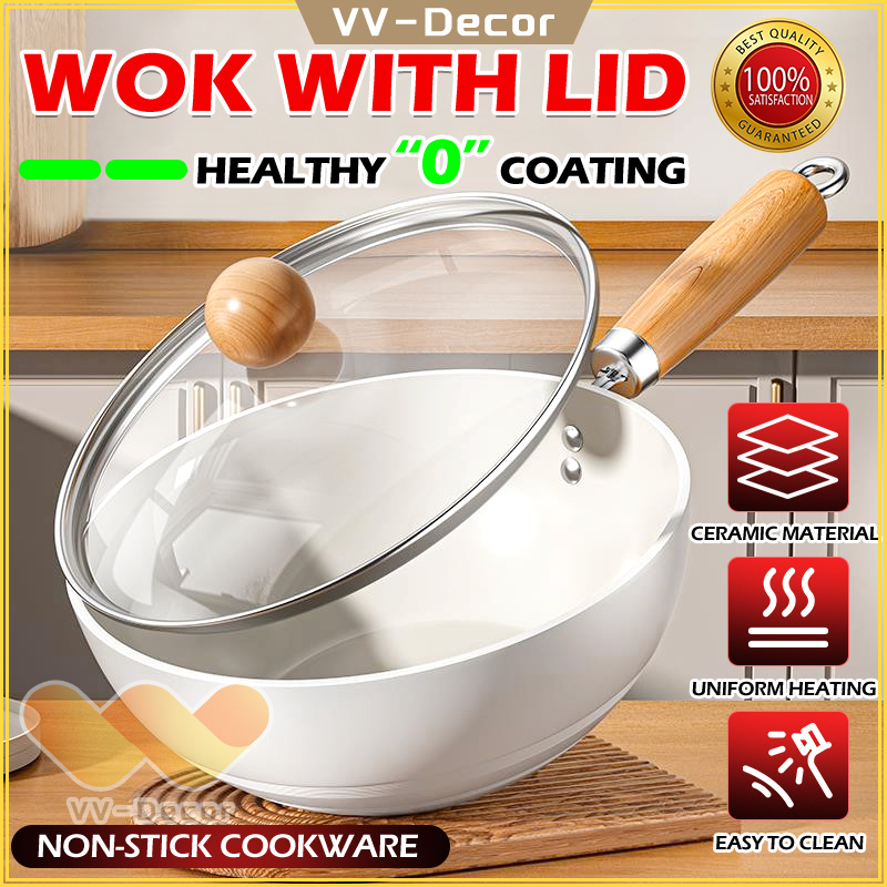 NEW Premium Wok Ceramic Wok With Lid 24cm Stir Frying Pan Non Coating ...
