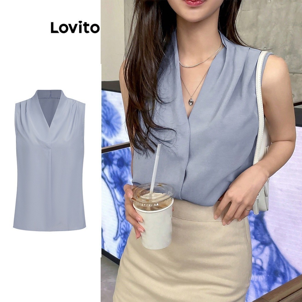 Lovito Women Elegant Plain Pleated Tank Top L68ED063 | Shopee Philippines