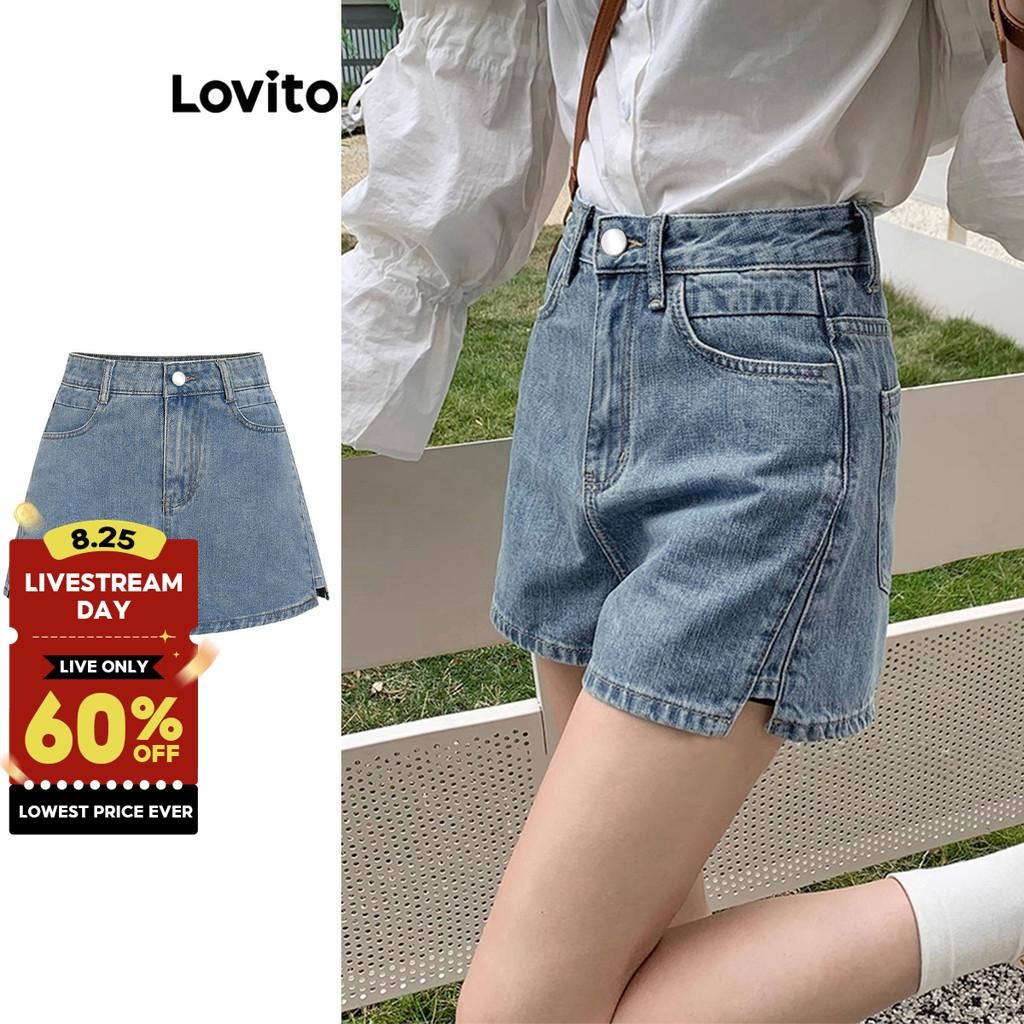 Lovito Women Casual Denim Shorts Plain Split Pocket Denim Shorts ...