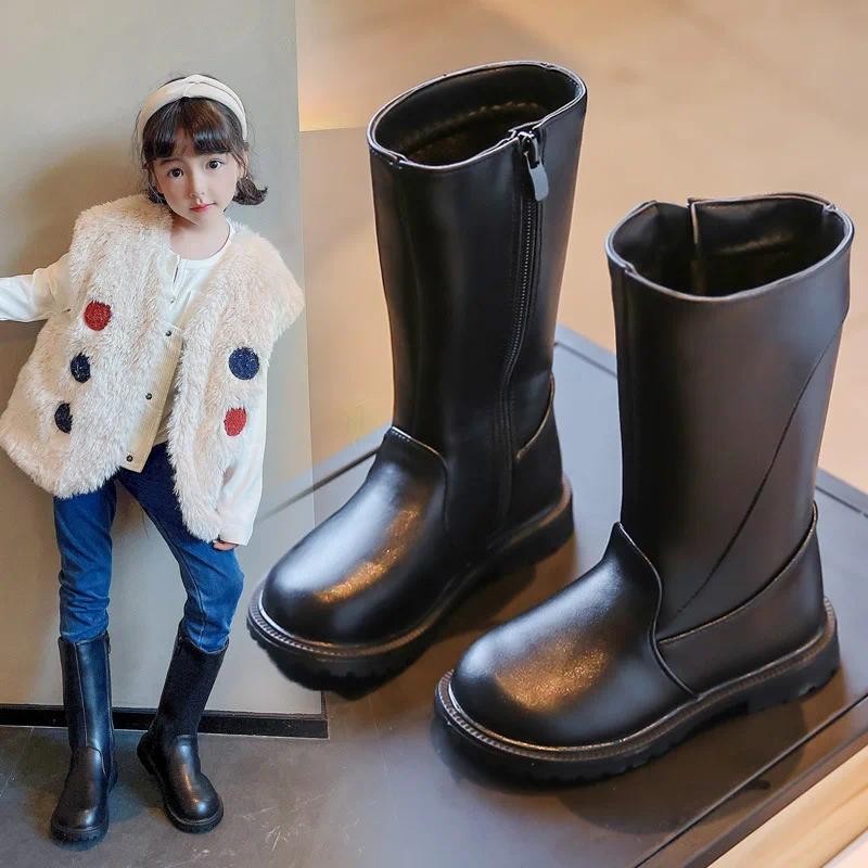 Girls Long Boots Black PU Leather Kids High Boots 2024 Autumn Winter ...
