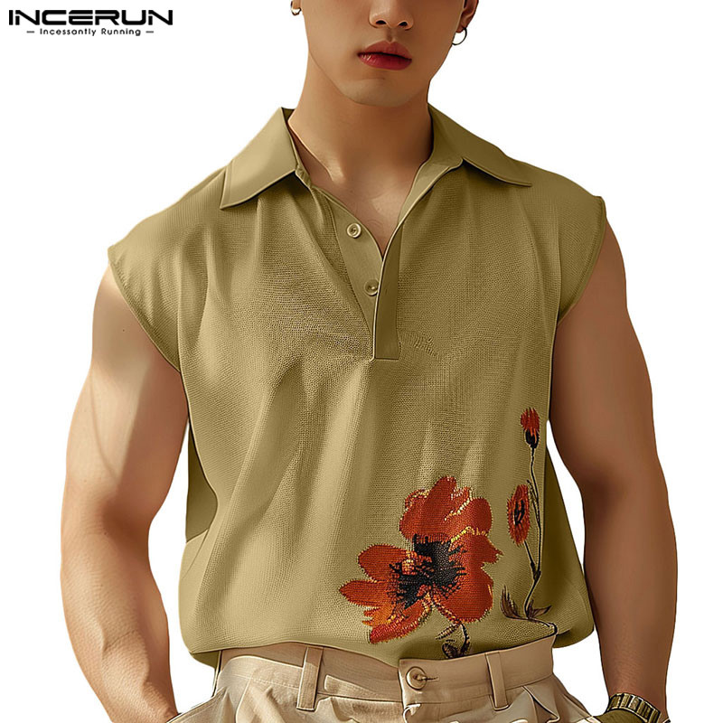 INCERUN Men Korean Fashion Patchwork Lapel Print Sleeveless POLO Shirts ...