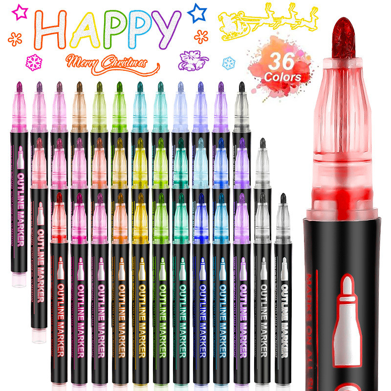 Double Line Contour Pen 24 Color Set Dream Flash Pen Metal Color Marker ...