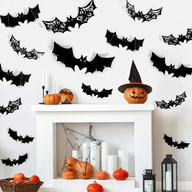 16Pcs/set 3D Black Bat Wall Stickers - Halloween Party Scary Props ...