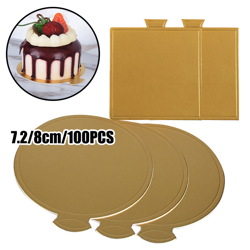 【Cyber】 100pcs Gold Cake Paper Base Mousse Cake Board With Handle Mini ...