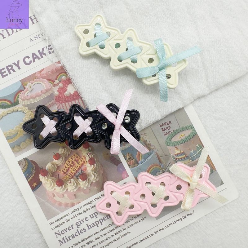 Sweet Cool Style Star Hair Clip Ribbon Bow Duckbill Clip Ins Girl Bangs ...