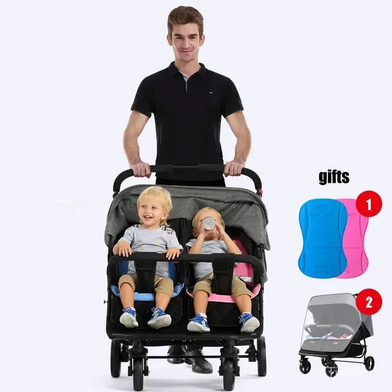 Fold Twins Stroller Can Sit And Lie Twins Pram Four Wheels Chock ...