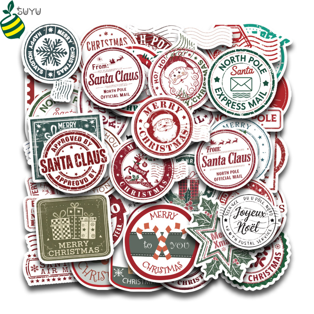 50pcs Christmas Festive Stamp and Luggage Stickers Old Vintage Look ...