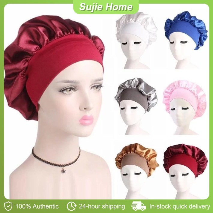1PC Sleep Cap High Elasticity Long Hair Care Women Silk Head Wrap Soft ...