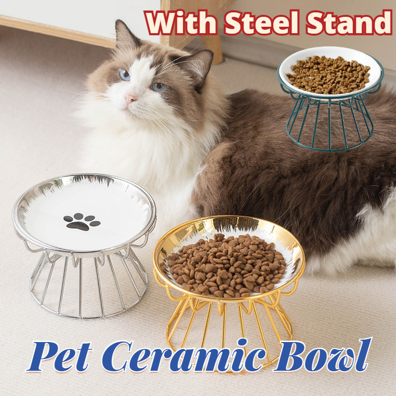 【COD】Pet Ceramic Bowl with steel stand Pet Bowl Cat Neck Protection ...