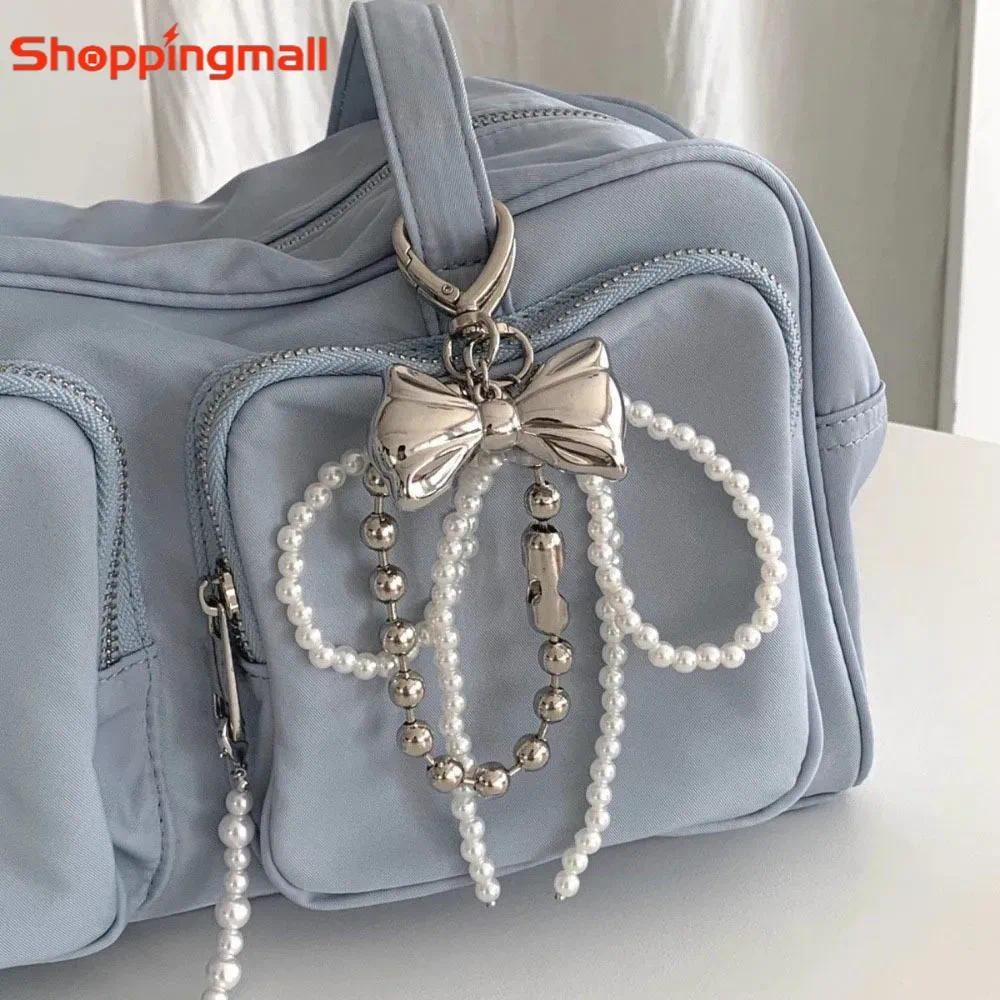 Korean Sweet Beaded Pearl Bowknot Keychain Heart Pendant Keyring Y2K ...