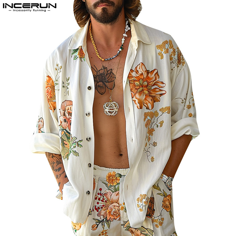 INCERUN Men Vintage Fashion Loose Floral Beach Style Long Sleeve Shirt ...