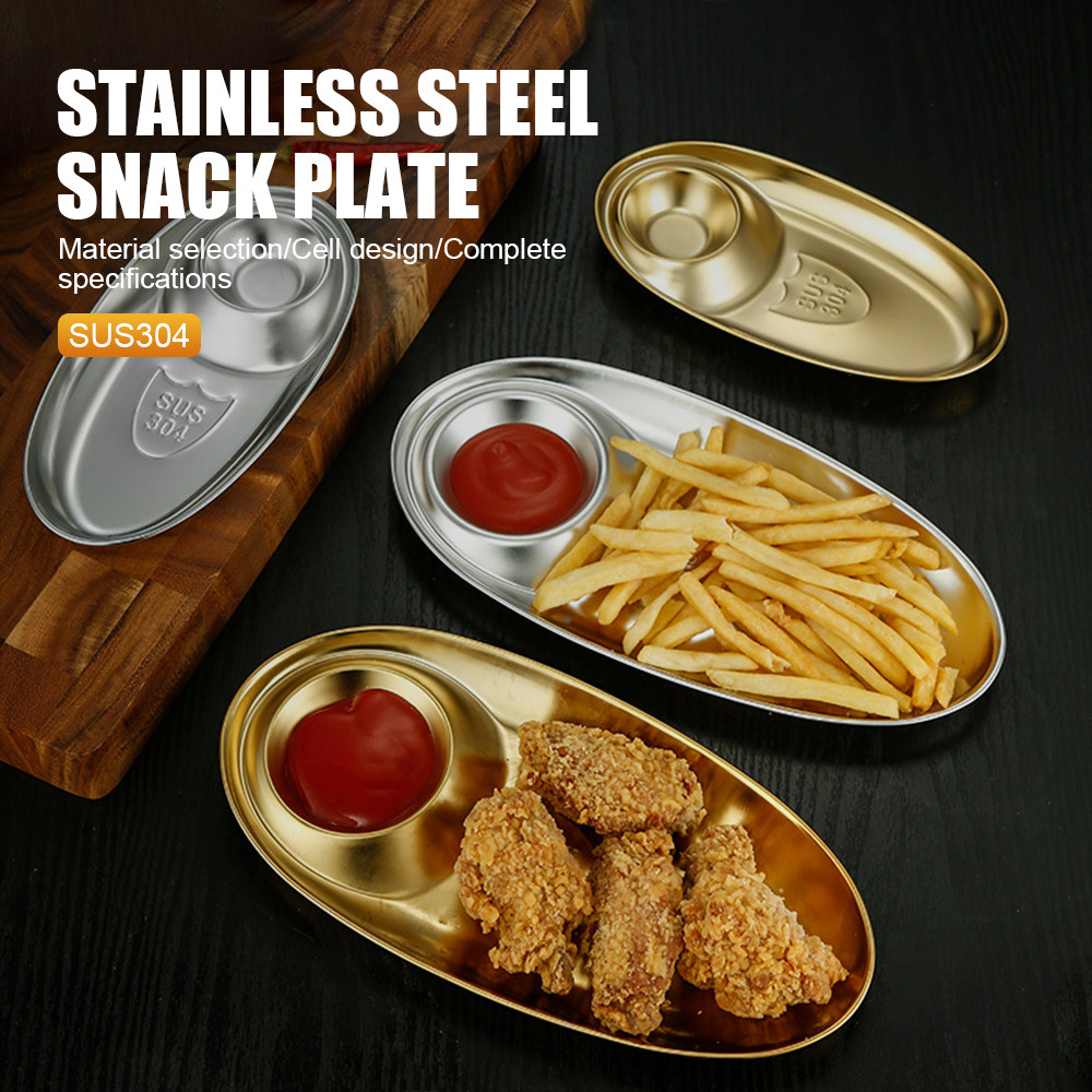 304 Stainless Steel Chip Dip Platter Silver Oval Divided Spice Dish ...