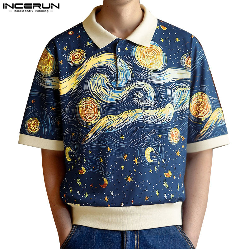 INCERUN Men Vintage Literary Style Lapel Short Sleeve Van Gogh Starry ...