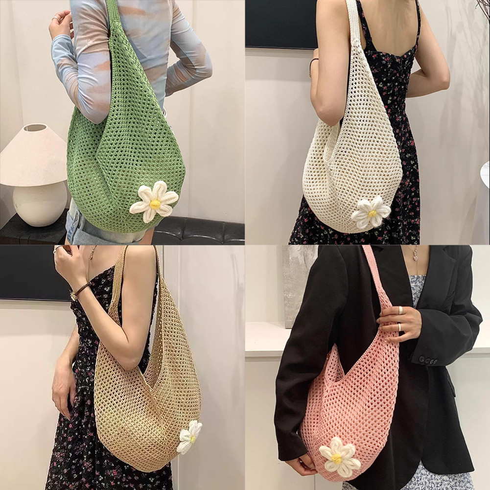 Vintage Korean Style Ins Shoulder Bag Crochet Woven Casual Beach Tote ...