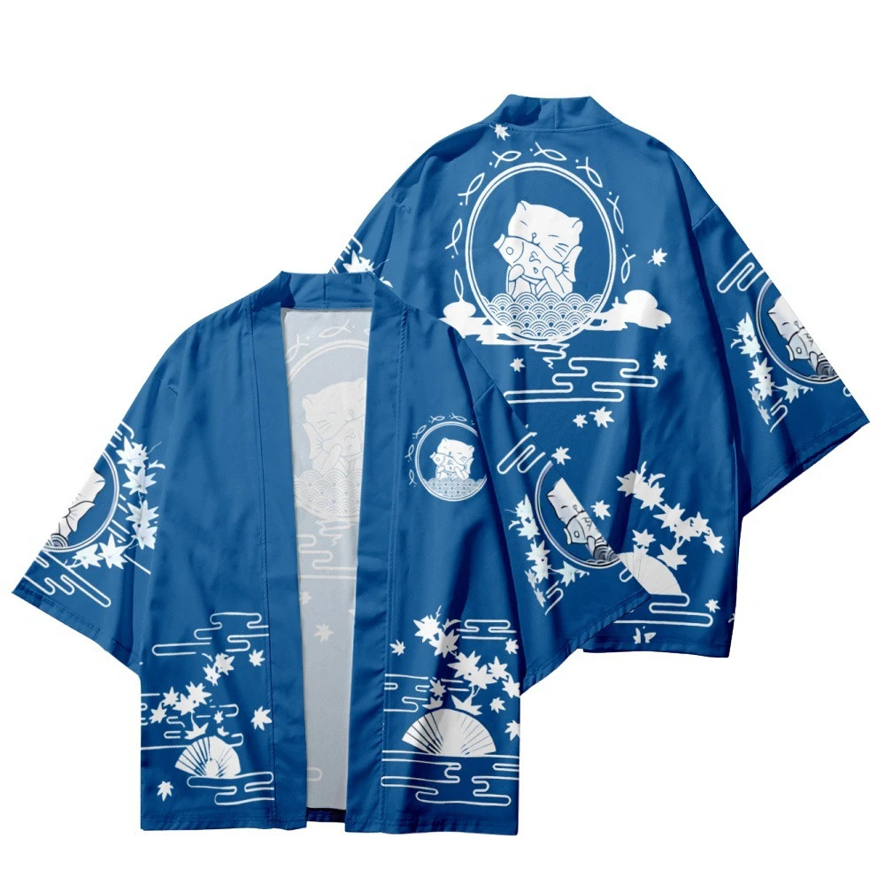 Summer Beach Casual Oversized Cardigan Blue Haori Japanese Cat Printing ...