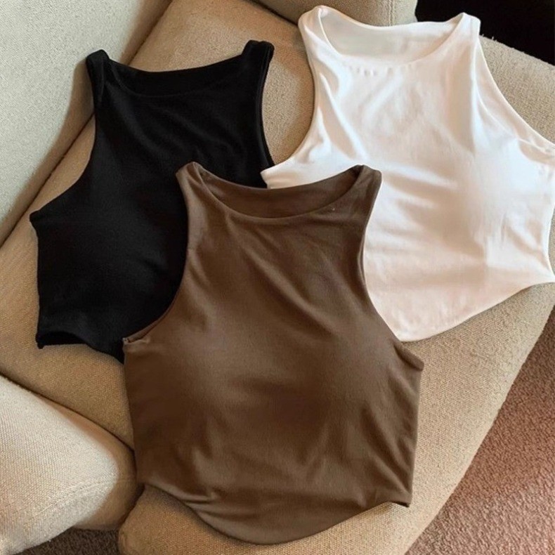 Women's New Sleeveless Tank Solid Color Crop Top with Chest Pads Female ...