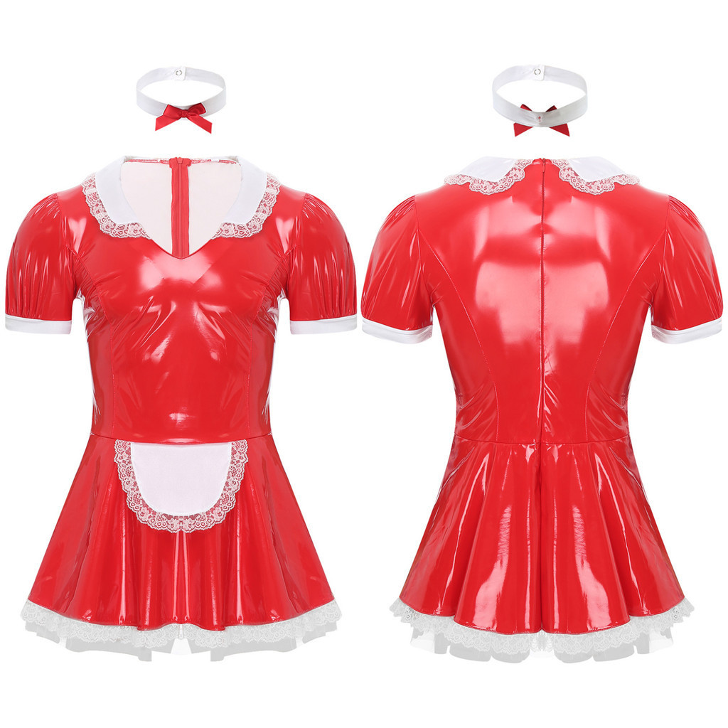 renvena Mens V Neck Short Sleeve Patent Leather Lace Trimming Maid ...