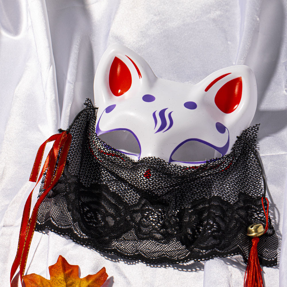 Fox Mask Japanese Style Half Face Mask with Black Lace Veil Animal ...