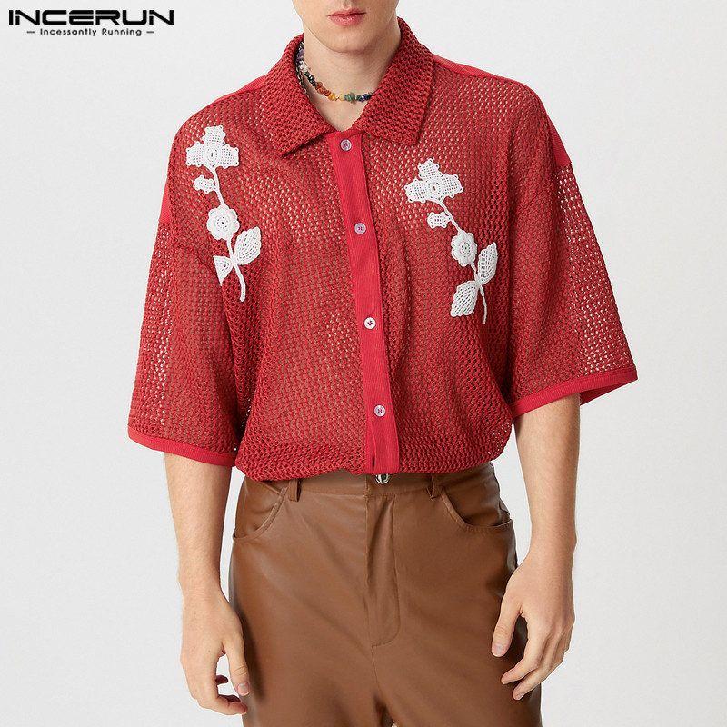 INCERUN Men Vintage Fashion Short Sleeve Skeleton Mesh Appliques Shirts ...