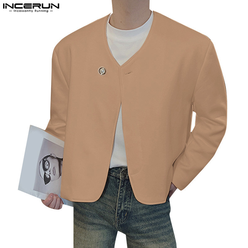 INCERUN Men Korean Daily Collarless Truncated Solid Color Casual Blazer ...