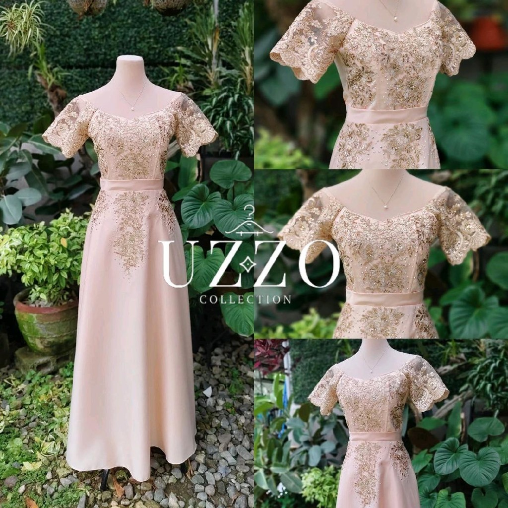 UZZO Elegant Off Shoulder 3D Lace Floral Maxi Dress Duchess Beige Wedding Mother Ninang Dress ...