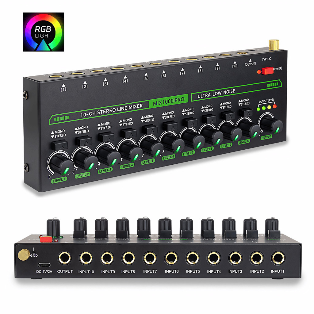 10 Channels Audio Mixer Portable Ultra Low Noise Stereo Mixer with ...
