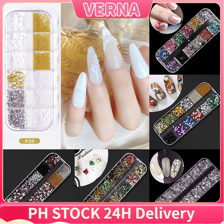 VERNA 12grids/Set Hollow Crystal Nail Art Decorations Mix Metal Frame ...