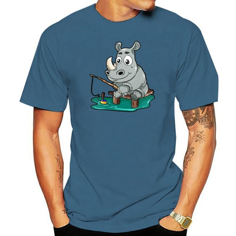 Men tshirt Fishing Rhino Rhinoceros Fisher Cartoon Gift Comic Fishing ...