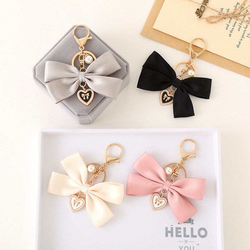 Fashion Ribbon Bow Love Heart Pendant Keychain Elegant Pearl Hanging ...