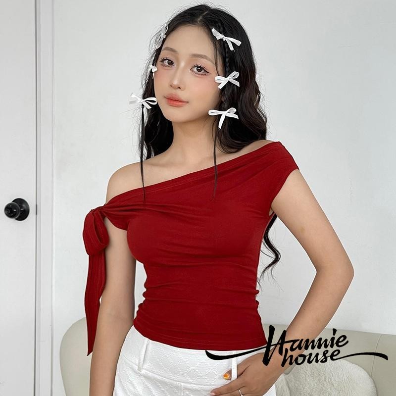 HANNIE House- Women´s Slim Solid Color Ruched Slash Neck Tie-Up Short ...
