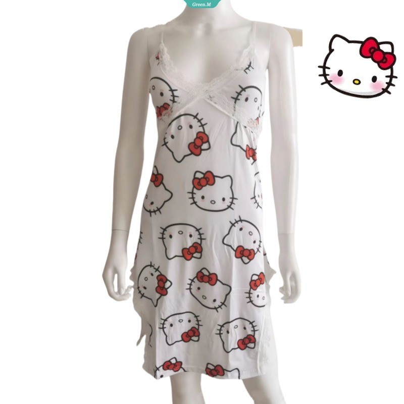 Cartoon Hello Kitty Printed Nightgown Women Milk Silk Sexy Suspender ...