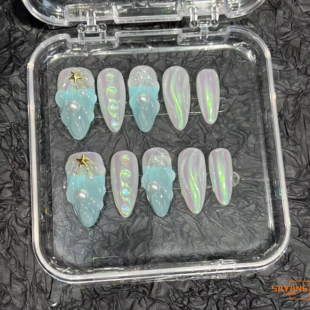 Blue Fake Nails with Sea Wave Decor Ultra-flexible Long Lasting Fake ...