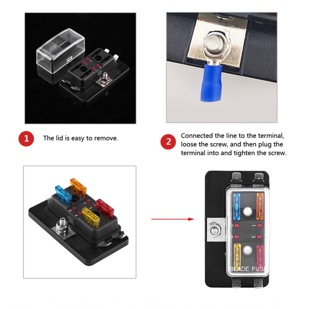4 Way Circuit Blade Fuse Box Block Holder With LED Warning Light Kit ...