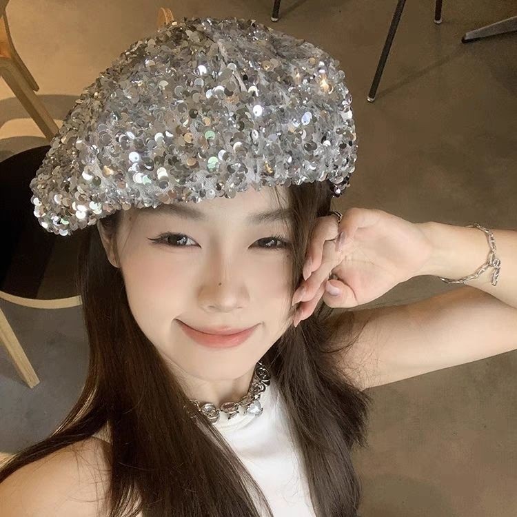 Full Sequin Beret Hat Beret Cap Painter Hat Kpop Style Apollo Adult Aesthetic Artist Hat ...