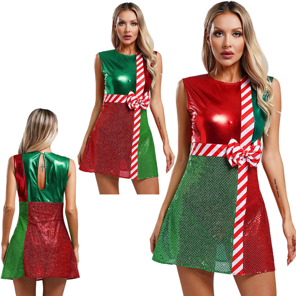 Wyl Women's Shiny Sequins Contrast Striped Xmas Dance Dress Christmas ...