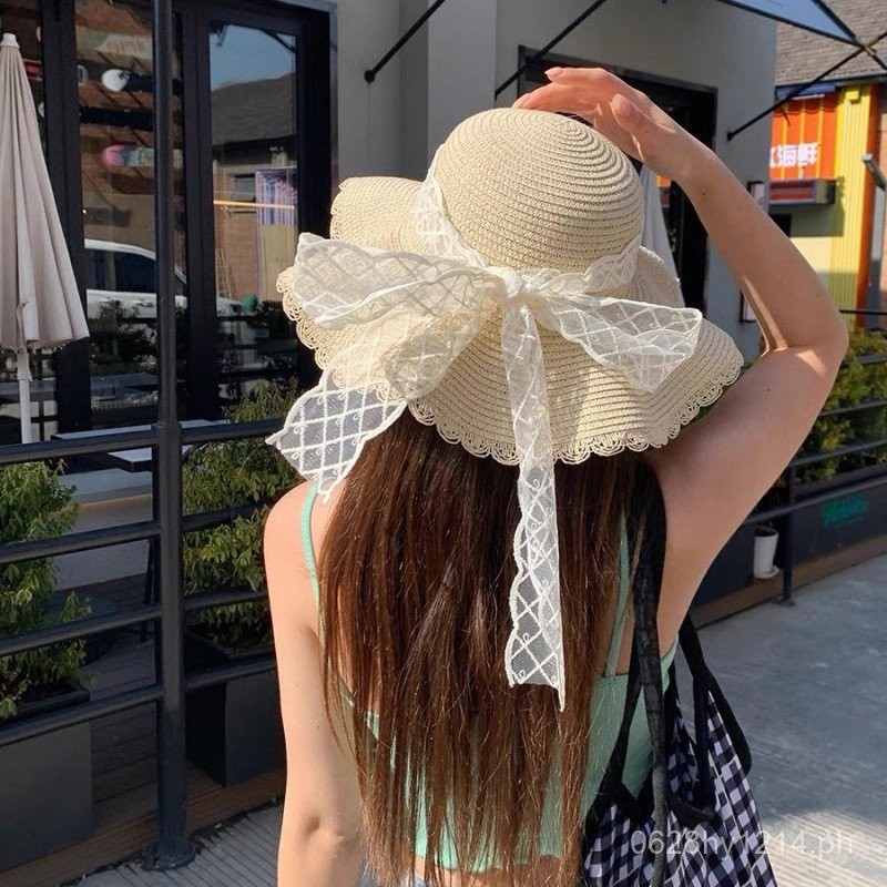 Wavy Edge Sun Hat with Bowknot, French Style Large Brim Lace Vacation ...