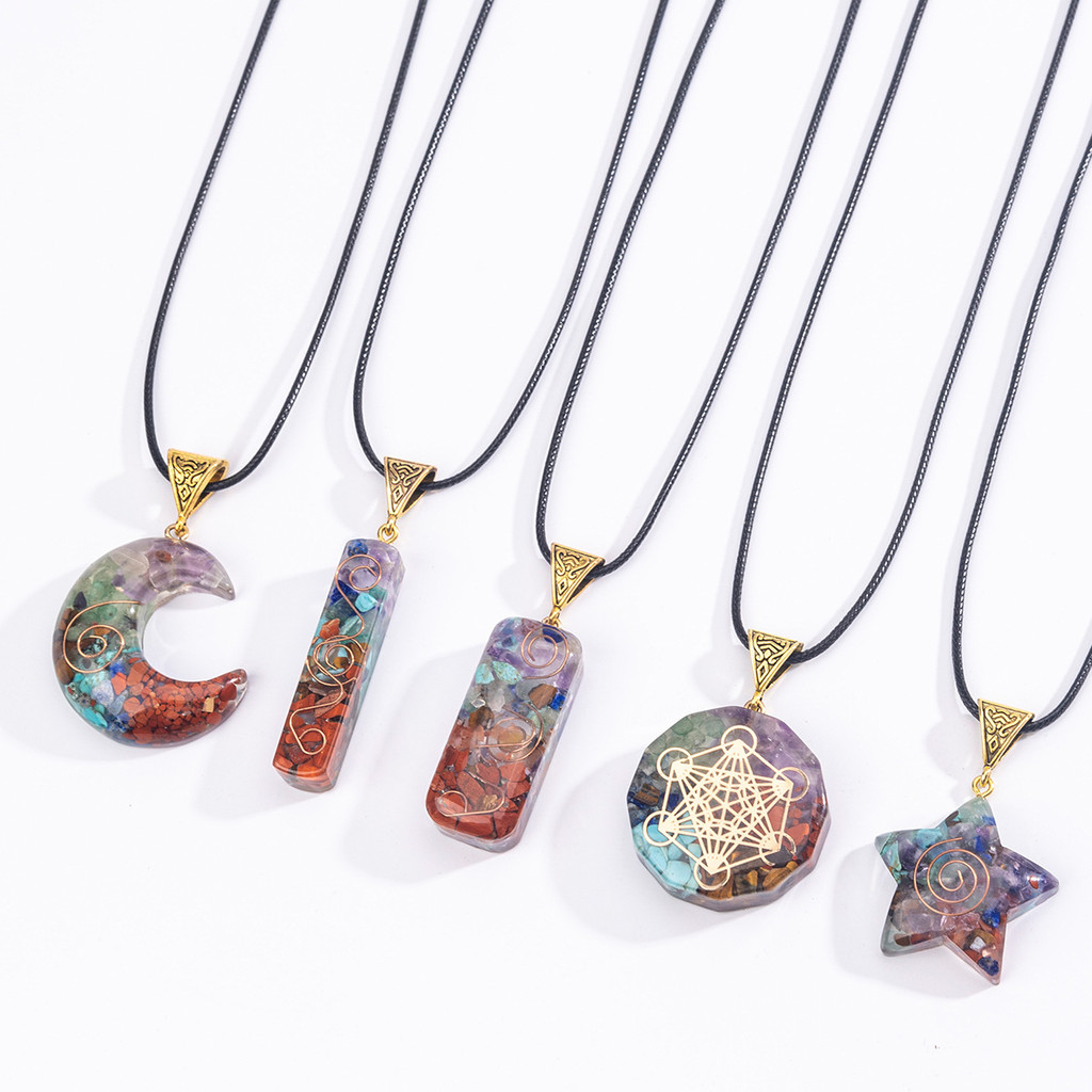 Natural 7 Chakra Crystal Chips Pendant Necklace OM Metatron Handmade ...
